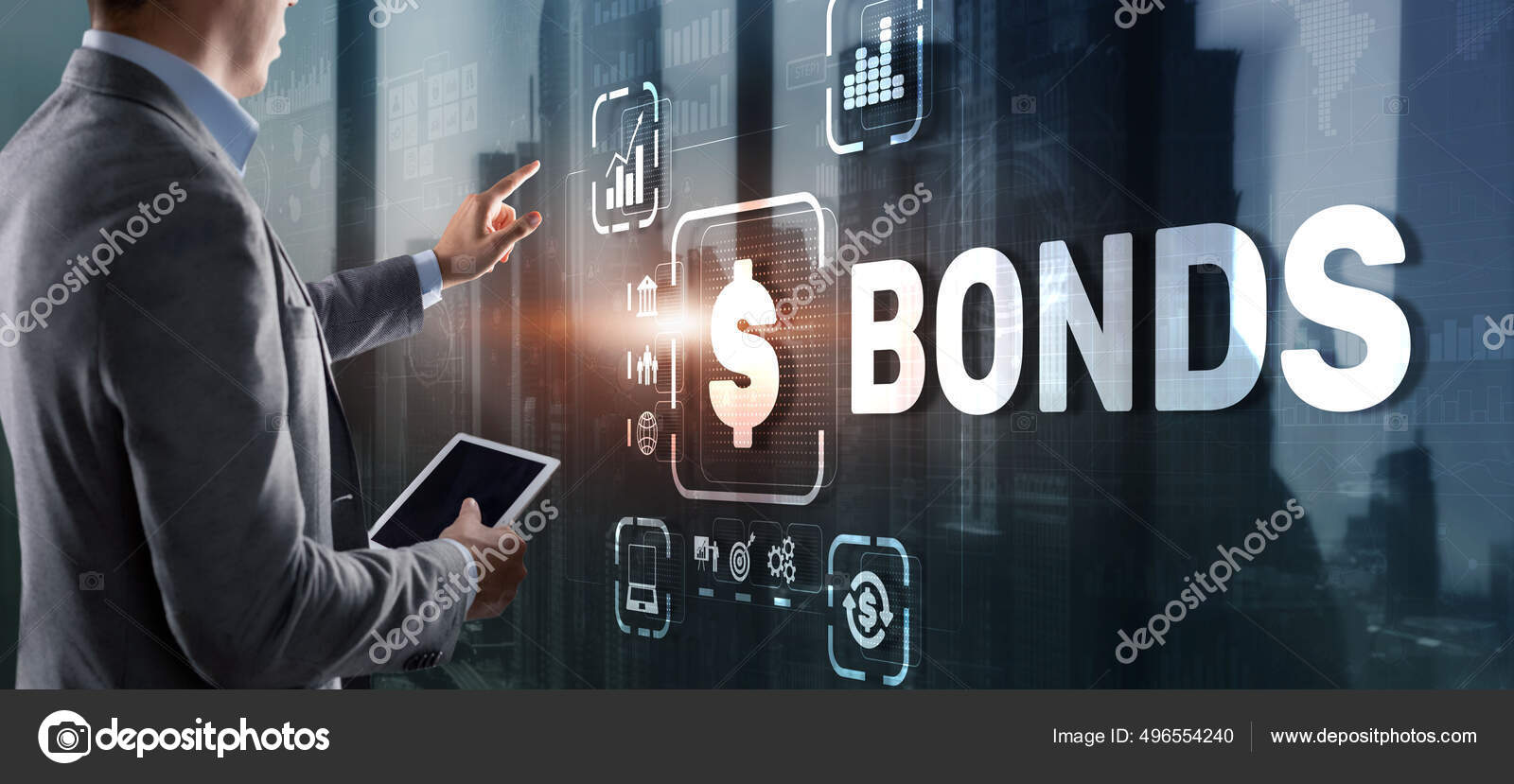 Businessman clicks a bonds virtual screen. Bond Finance Banking ...