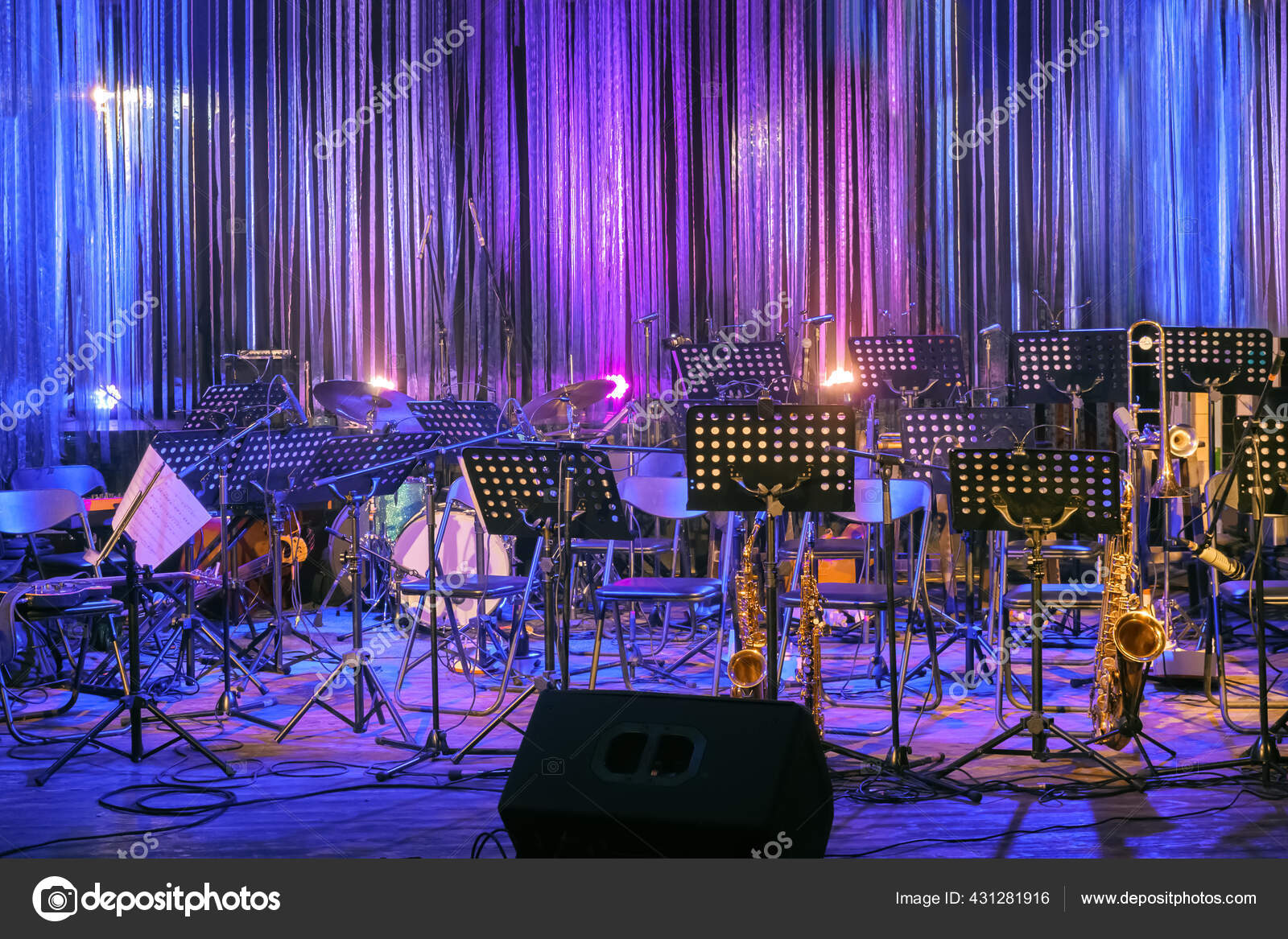 Musical Instruments and Sheet Music Standing Ready on a Stage for a ...