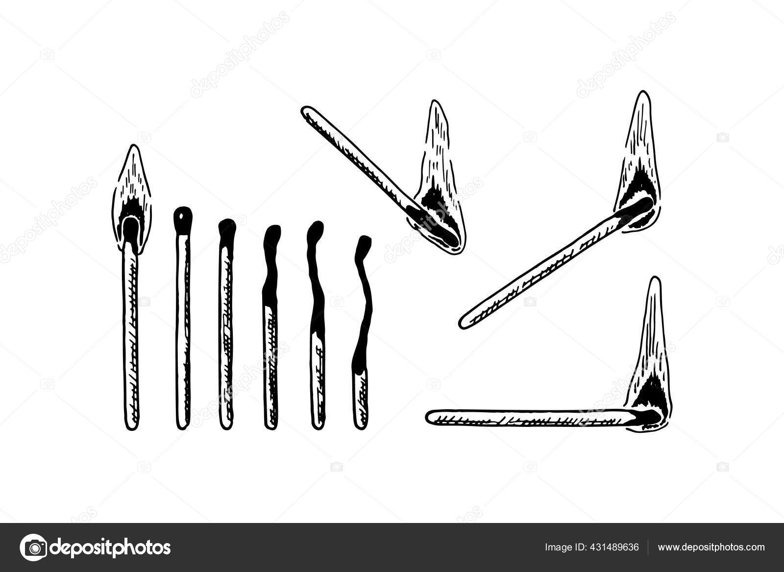 Set Hand Drawn Burning Matches Isolated White Background Vector ...