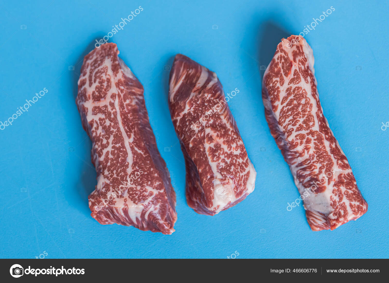 Beef Pieces Raw Meat Blue Background Top View Close — Stock Photo ...