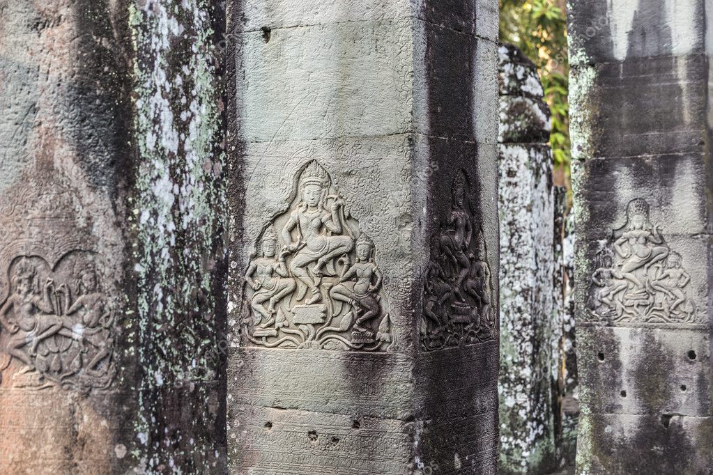 Historic Khmer bas-relief showing dancing Hindu godesses at Bayo Stock ...