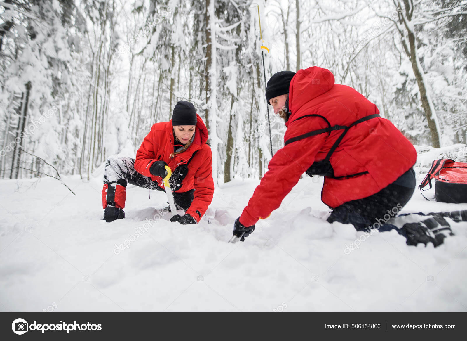 Mountain rescue service on operation outdoors in winter in forest ...