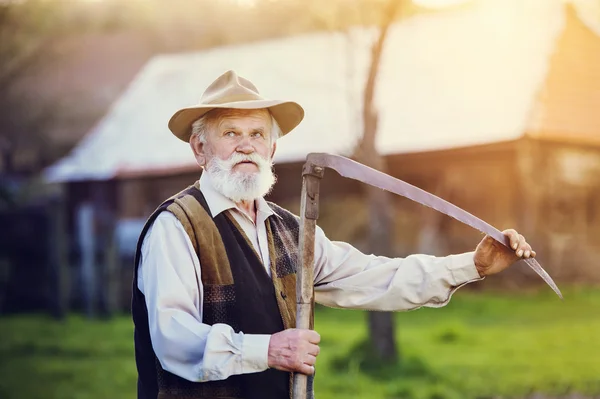 Old rural man sharpening scythe — Stock Photo © Xalanx #5859698