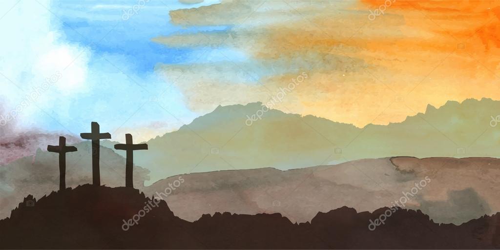 Easter scene with cross. Jesus Christ. Watercolor vector illustration ...