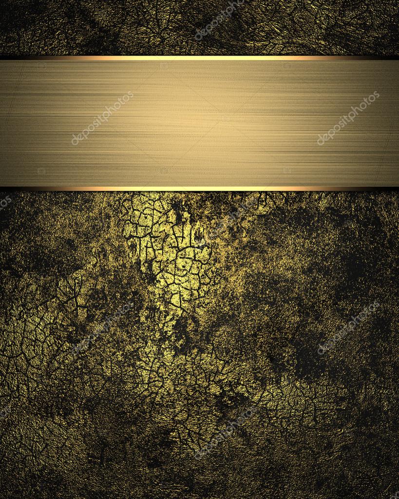 Grunge dark golden cracked texture with gold plate. Design template ...