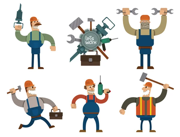 Set of labels with Strong workers in flat style Stock Vector Image by ...
