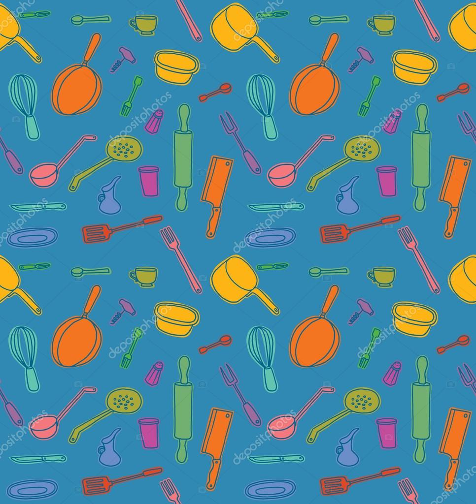 Kitchen Utensils seamless color pattern on blue background Stock Vector ...