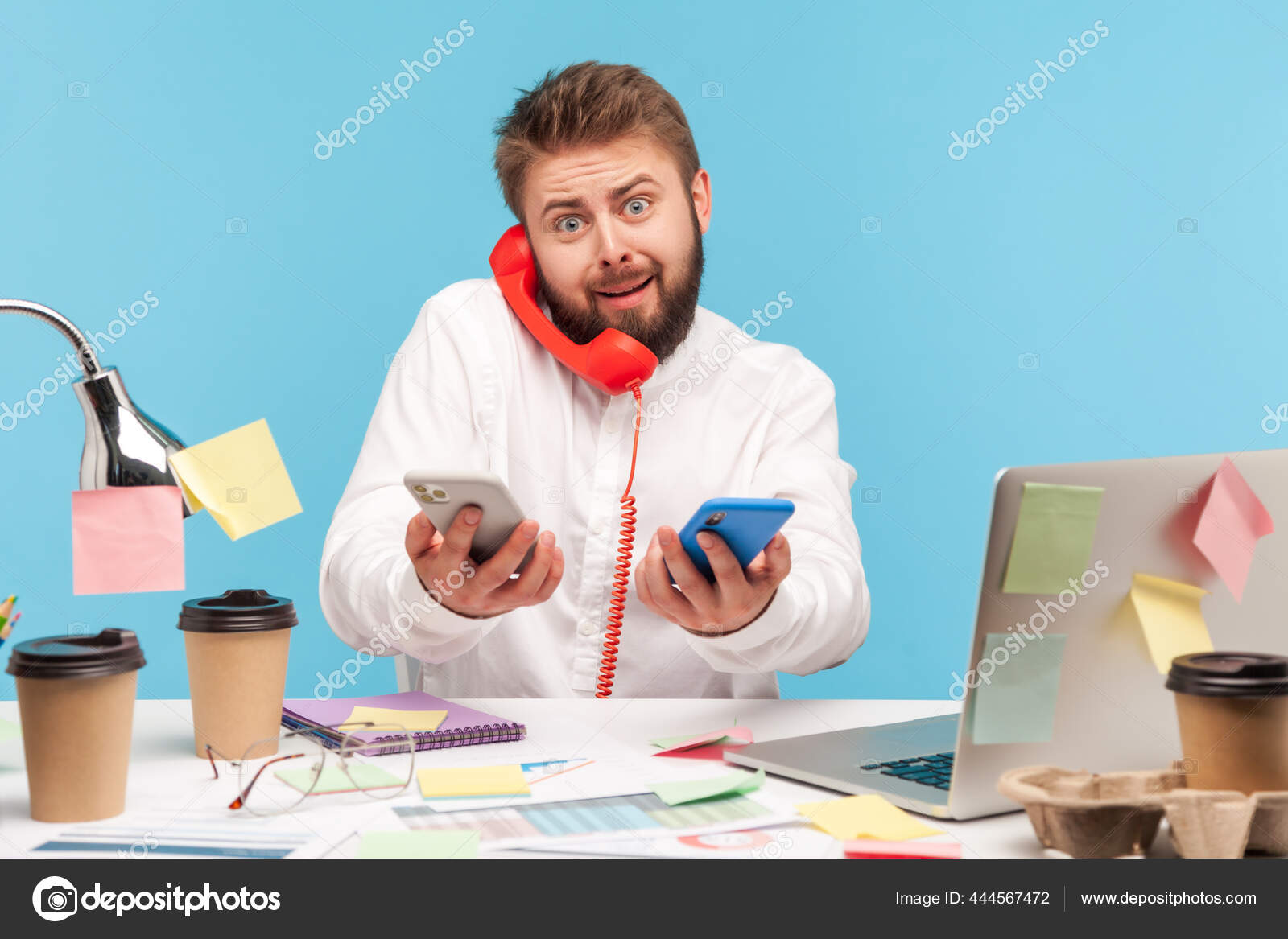 Scared Man Office Worker Answering Call Workplace All Covered Sticky ...