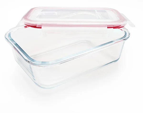 Tupperware de vidrio vacío y abierto. Aislado sobre fondo blanco. 2025