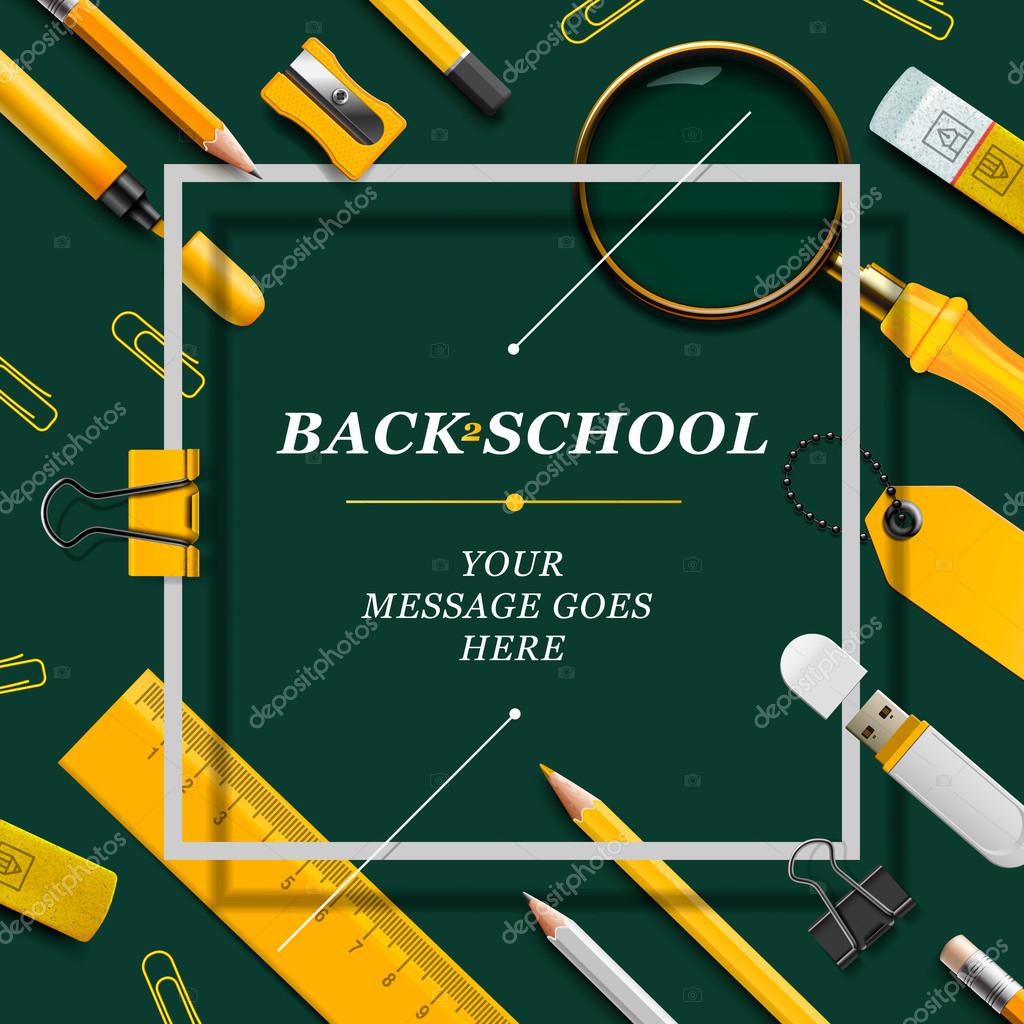 Welcome Back to school template with schools supplies, green and yellow ...