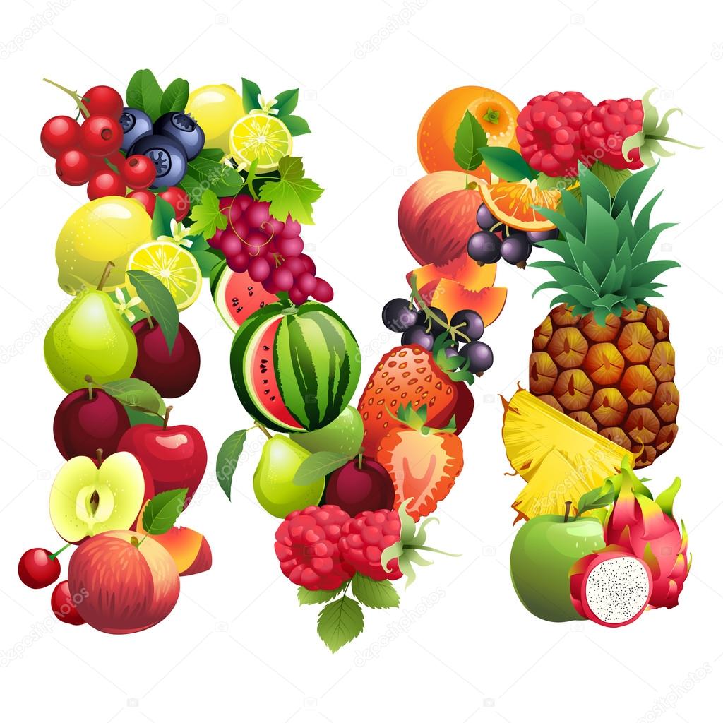Letter M composed of different fruits with leaves Stock Vector by ...