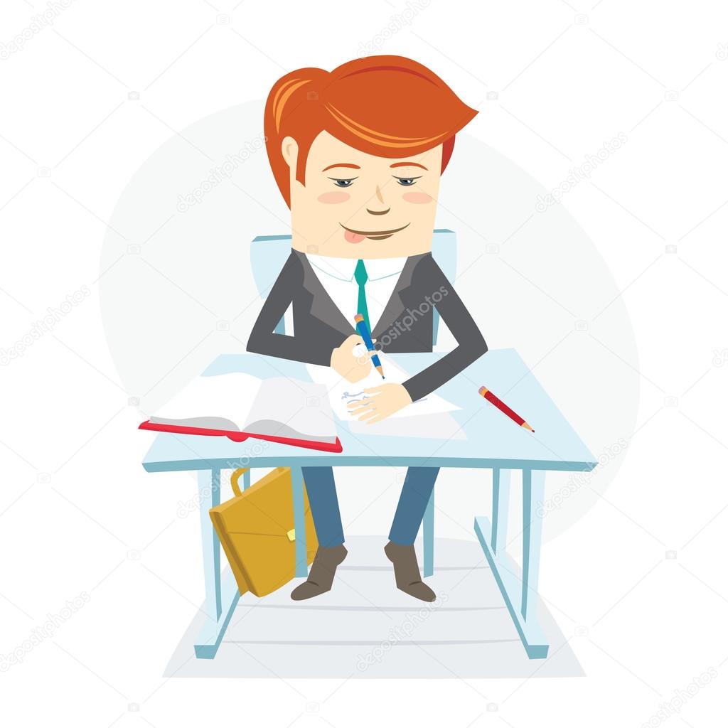 Estudiante de la escuela concentrado escribiendo en el escritorio en ... Estudiante de la escuela concentrado escribiendo en el escritorio en ...