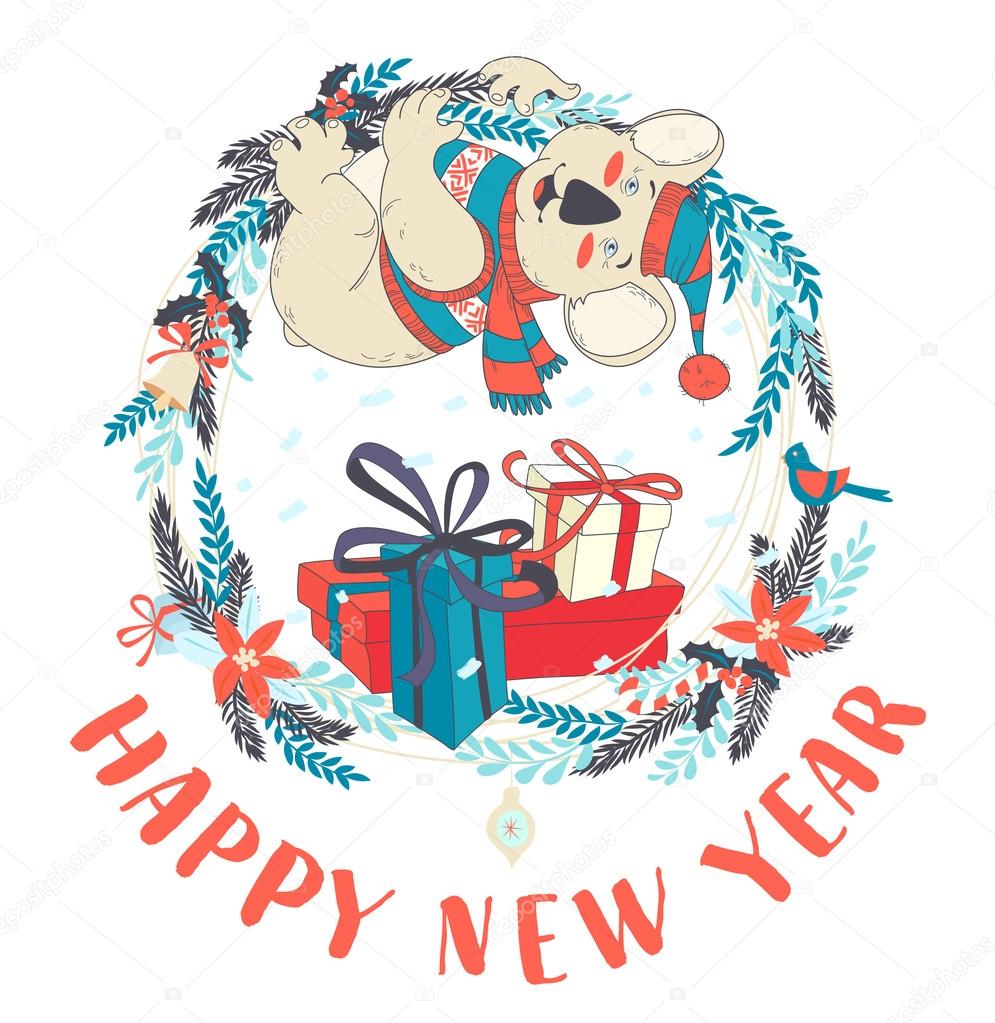 Funny Happy New Year card with koala wearing cute sweater and ha Stock ...