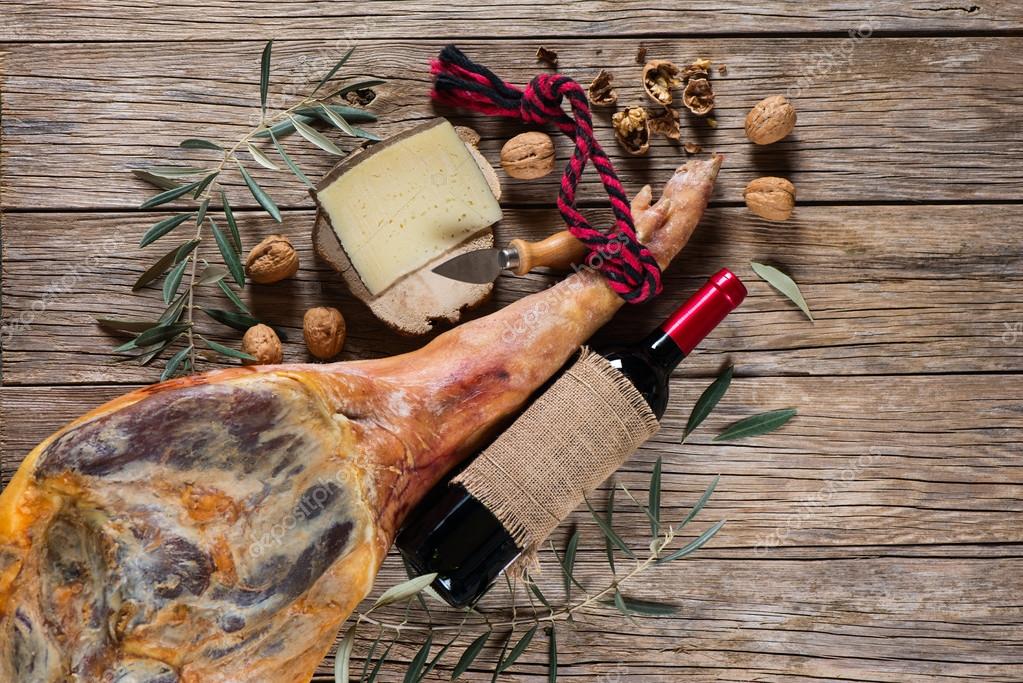Ham, wine, cheese and nuts, top view Stock Photo by ©Denira 63376907