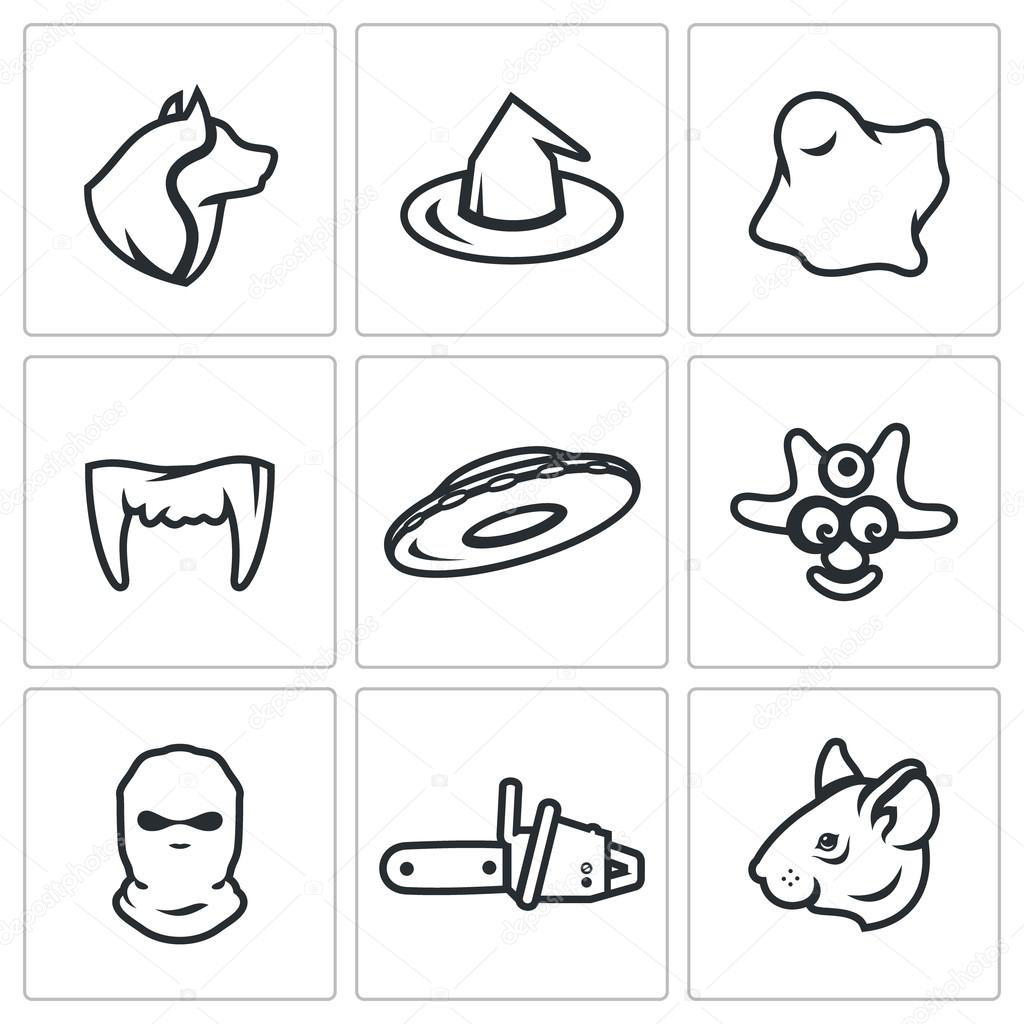 Vector Set of Fear Icons. Werewolf, Witch, Ghost, Vampire, UFO ...