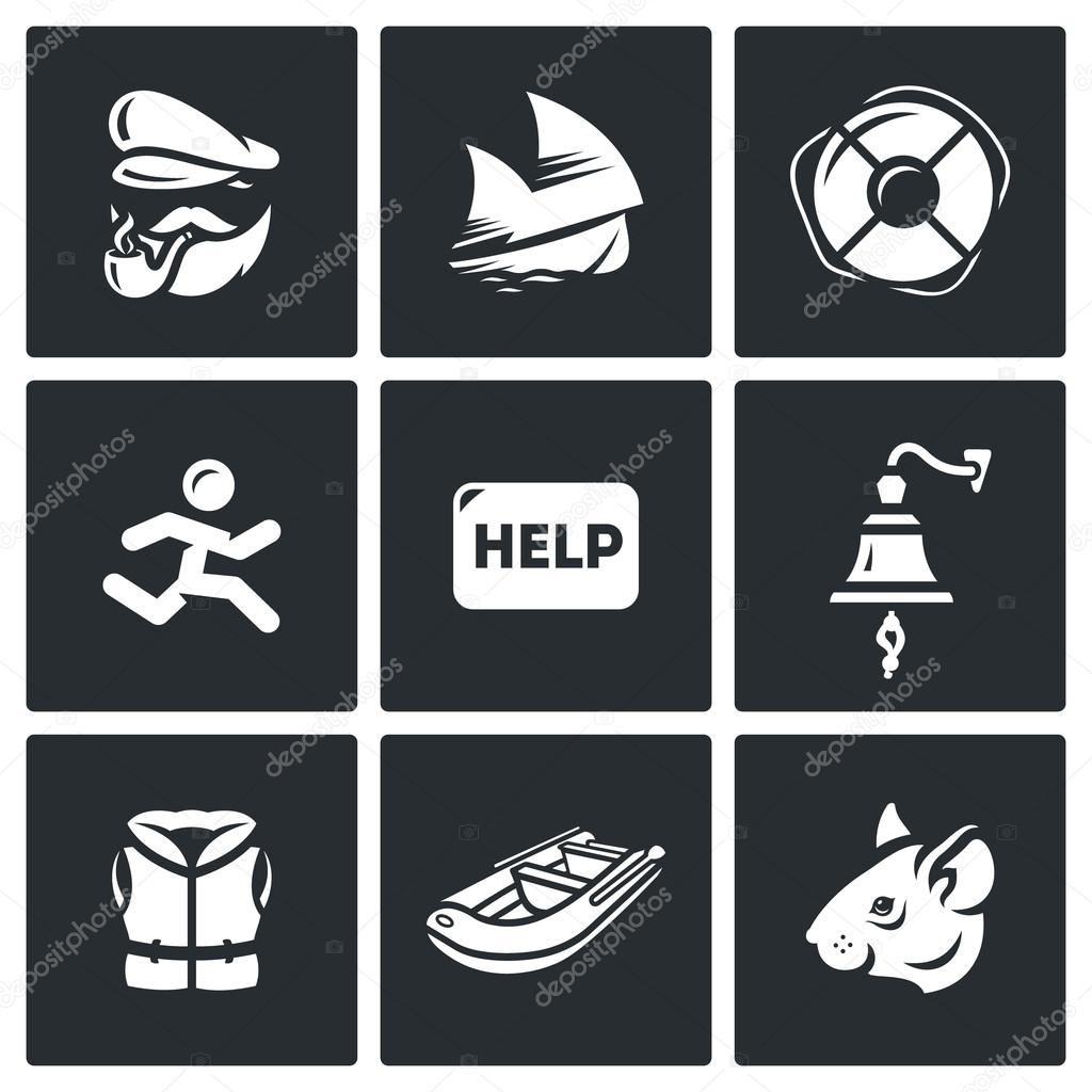 Vector Set of Shipwreck Icons. Captain, Ship, Rescue, Escape, Help ...