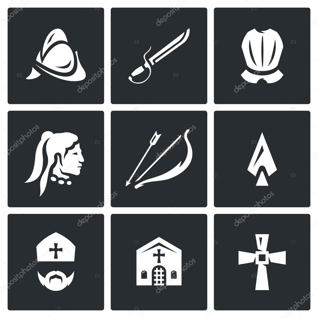 Conjunto vectorial de iconos conquistadores españoles. Casco, Sable ...