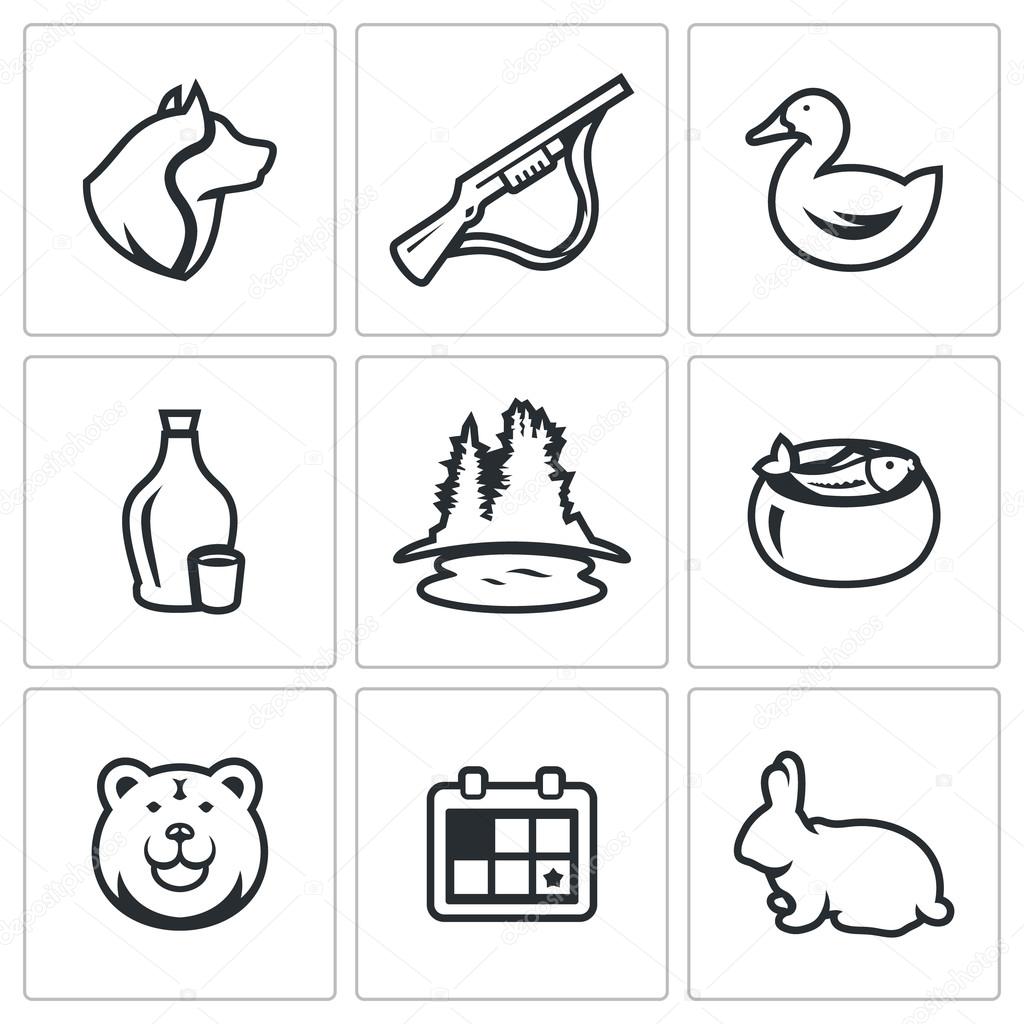 Vector Set of Hunting Icons. Dog, Gun, Duck, Alcohol, Lake, Ear, Bear ...