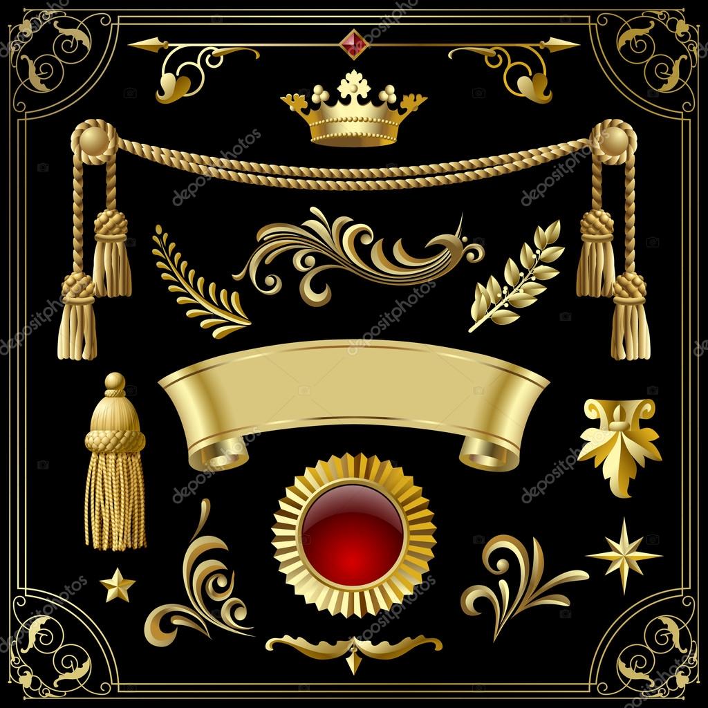Gold vintage decorative design elements isolated on black. — Stock ...