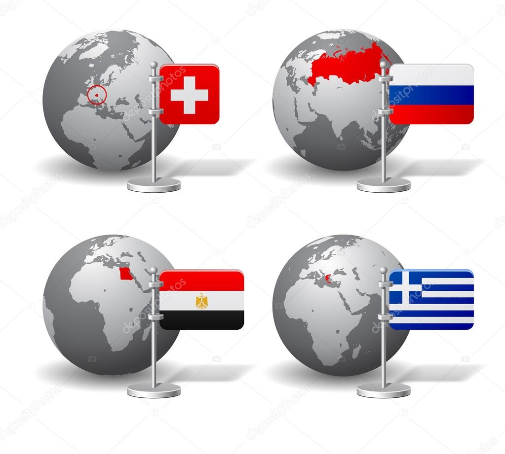 Gray Earth globes with designation of countries with flags Stock Vector ...