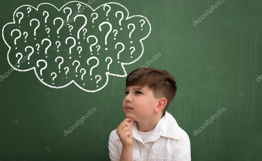 Child thinking with a thought bubble of question marks — Stock Photo ...