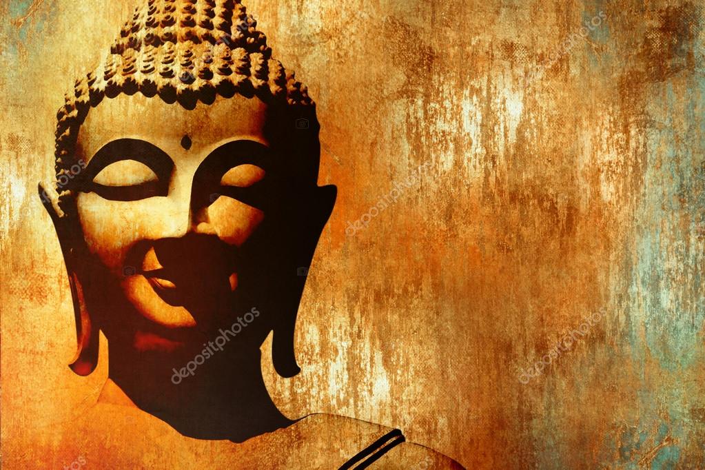 Buddha image background with face silhouette in grunge painting style ...