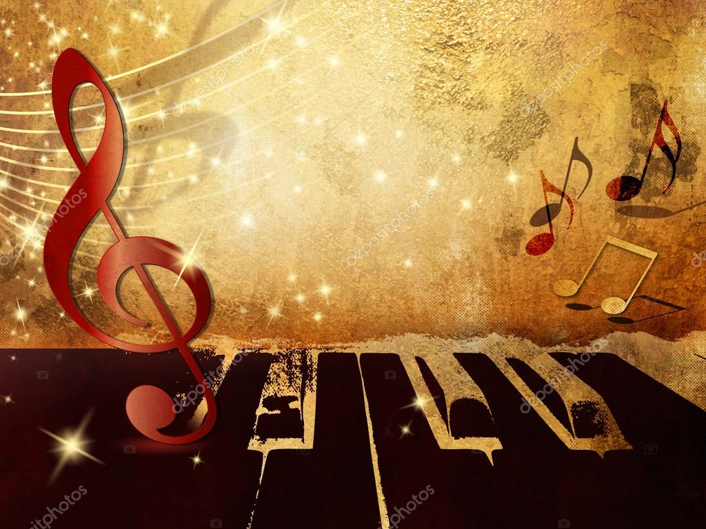 Fundo de música com teclas de piano, notas de música e fenda agudo ...