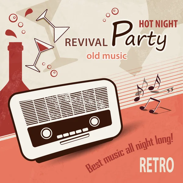 Retro music background - party flyer with old radio, bottles, glasses ...