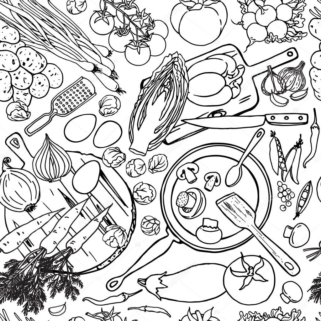 Seamless pattern with vegetables, kitchenware. Black white top view ...