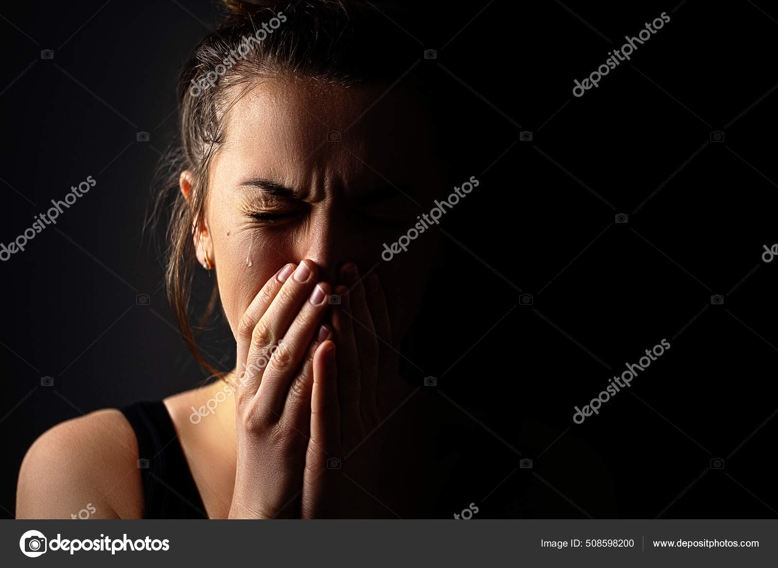 Sad Grieving Crying Female Folded Hands Tears Eyes Dark Black Stock ...