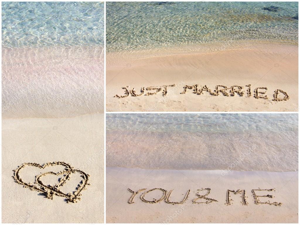 Collage of wedding messages written on sand — Stock Photo © stanciuc1 ...