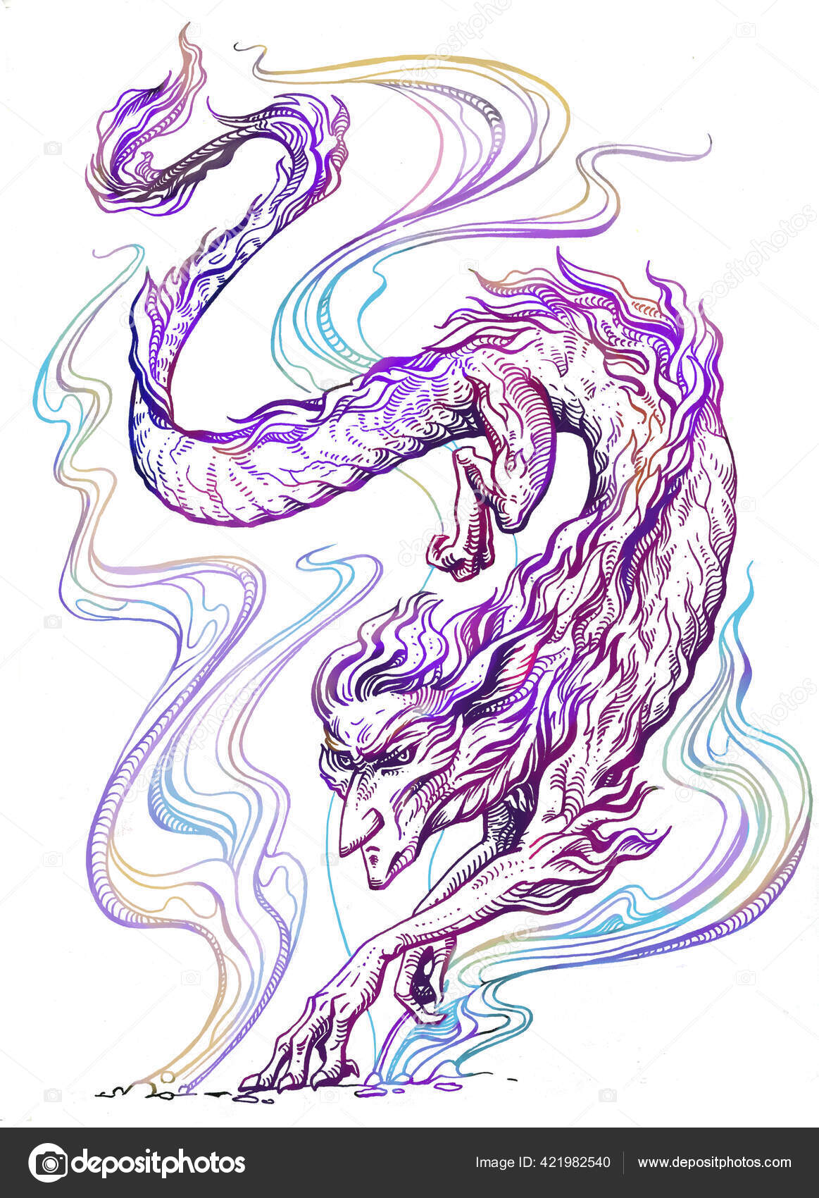 Strange mythical dragon-like beast with a human face Stock Illustration ...