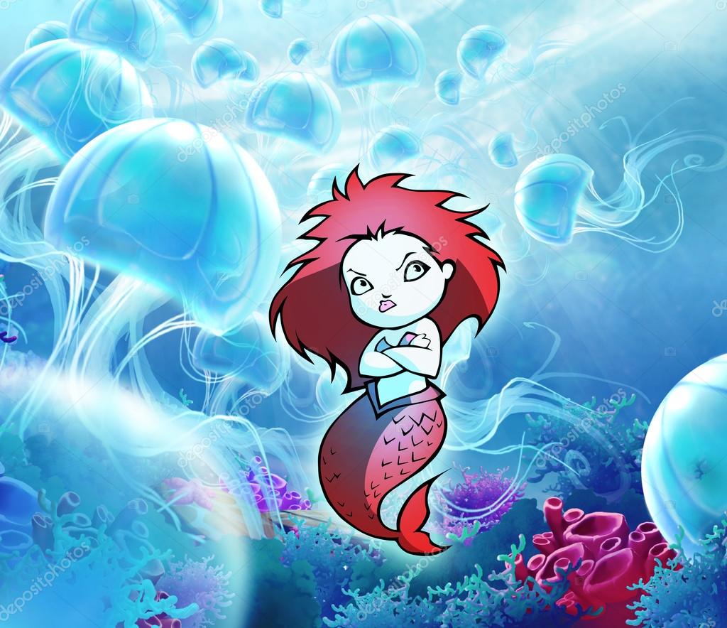 Angry mermaid among jelly fish — Stock Photo © A_Petruk #91567668