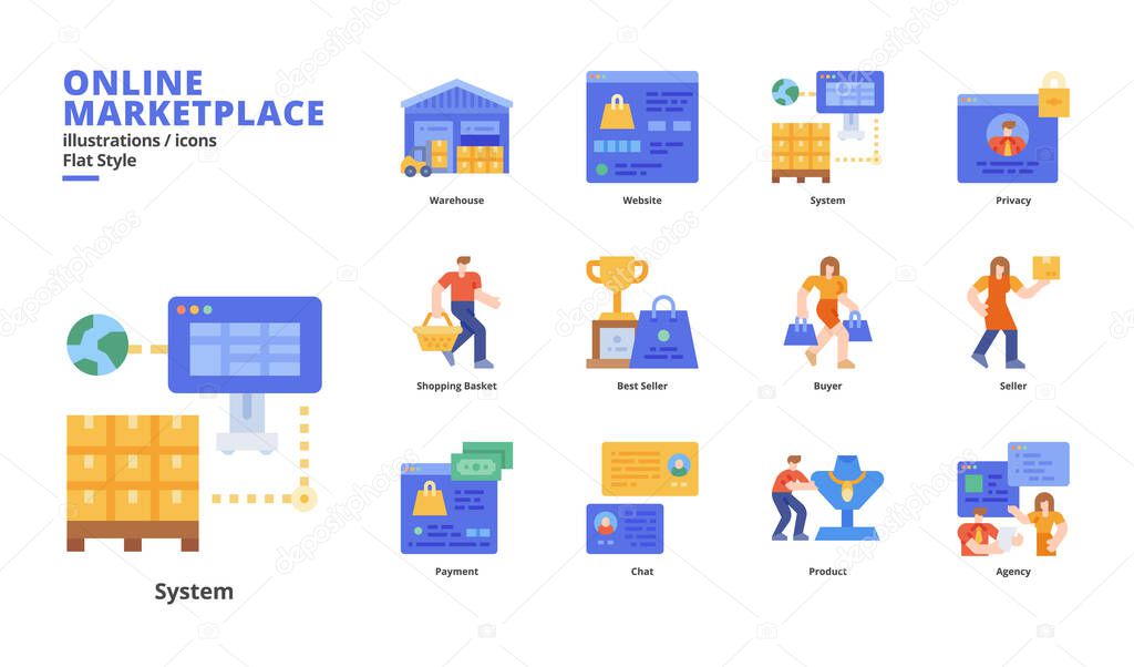 Conjunto de iconos del mercado en línea para medios digitales y medios ...