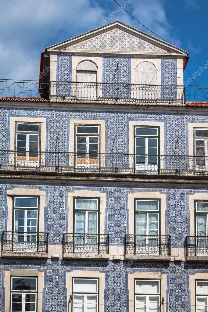 Lisbon buildings with typical traditional portuguese tiles on th ...