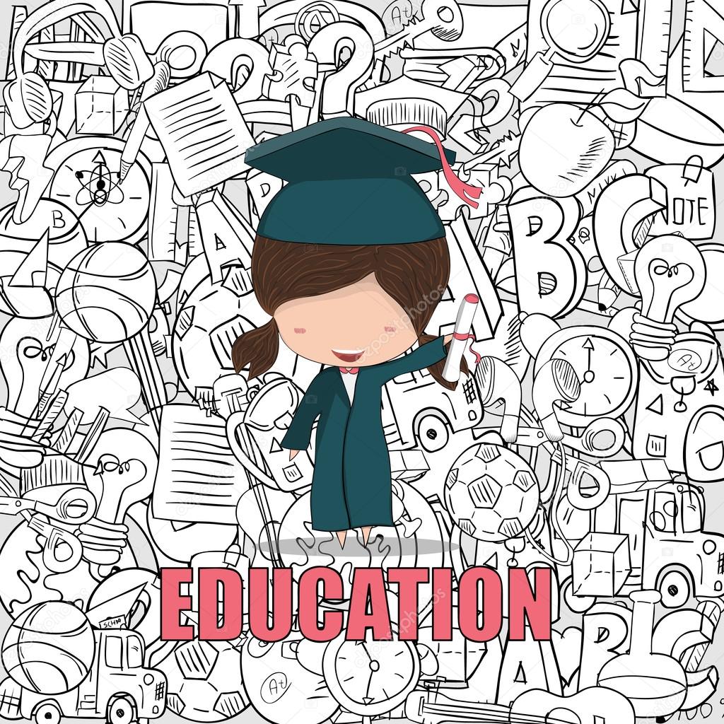 Girl graduated pupils back of education background, drawing by h Stock ...