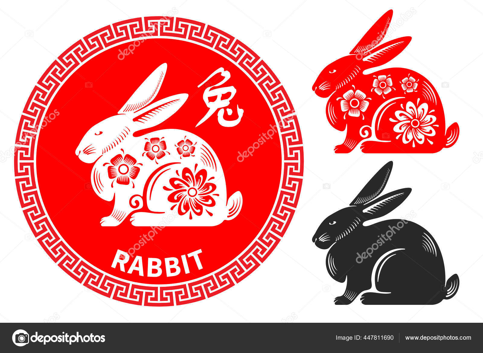 Hare Chinese Zodiac Symbol Set Consists Rabbits Different Variations ...