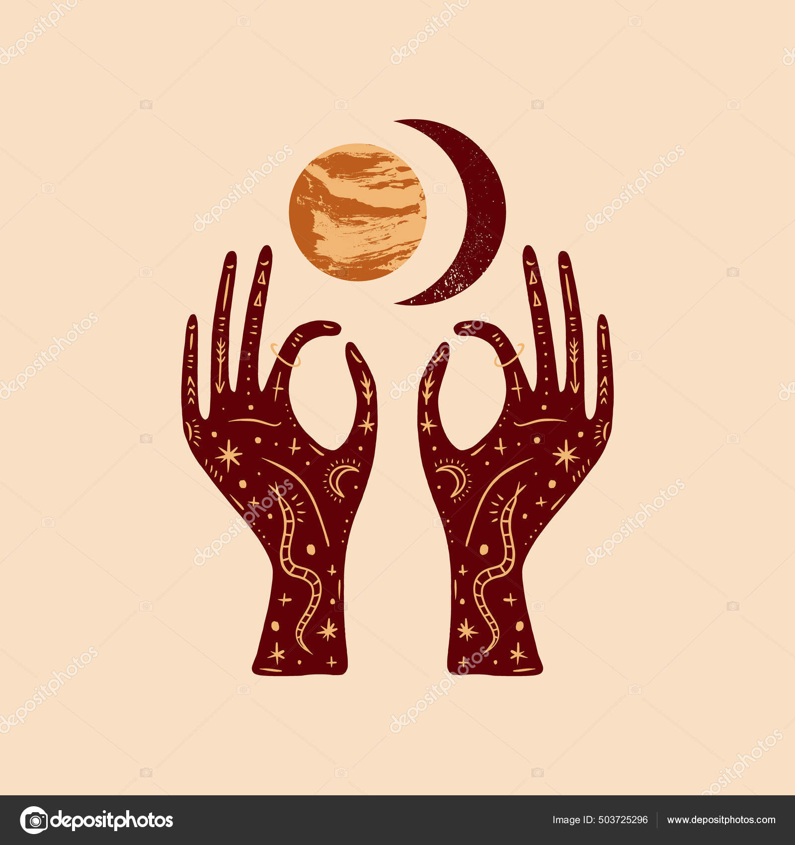 Hands hold Venus and crescent moon. Boho style art, mystical symbol ...