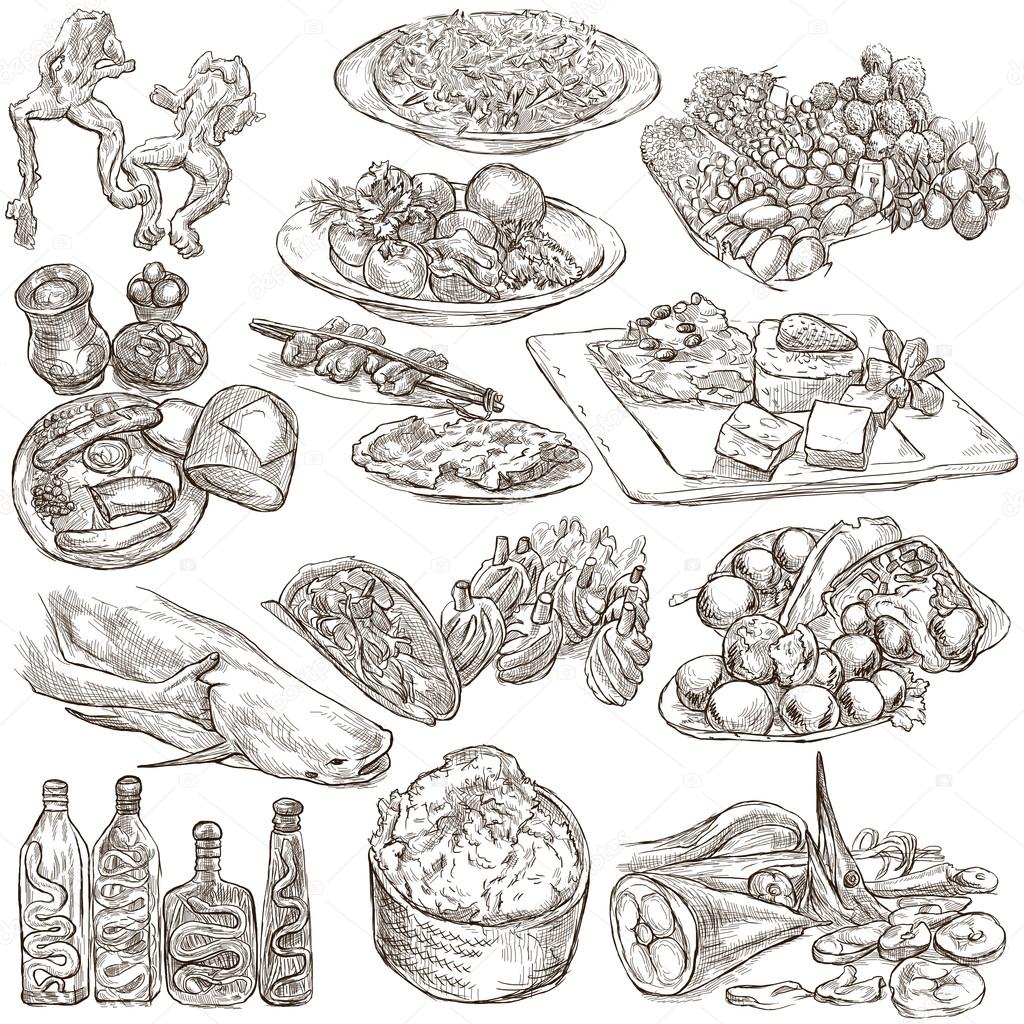 Food. Freehands, hand drawn collection. Line art. Stock Illustration by ...