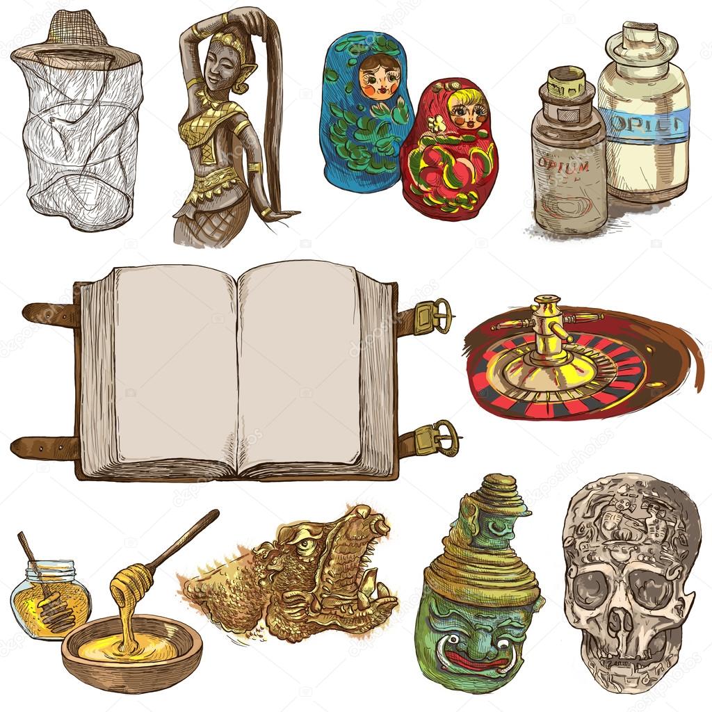 Objects.Freehands.Hand drawn collection.Colored line art. Stock ...