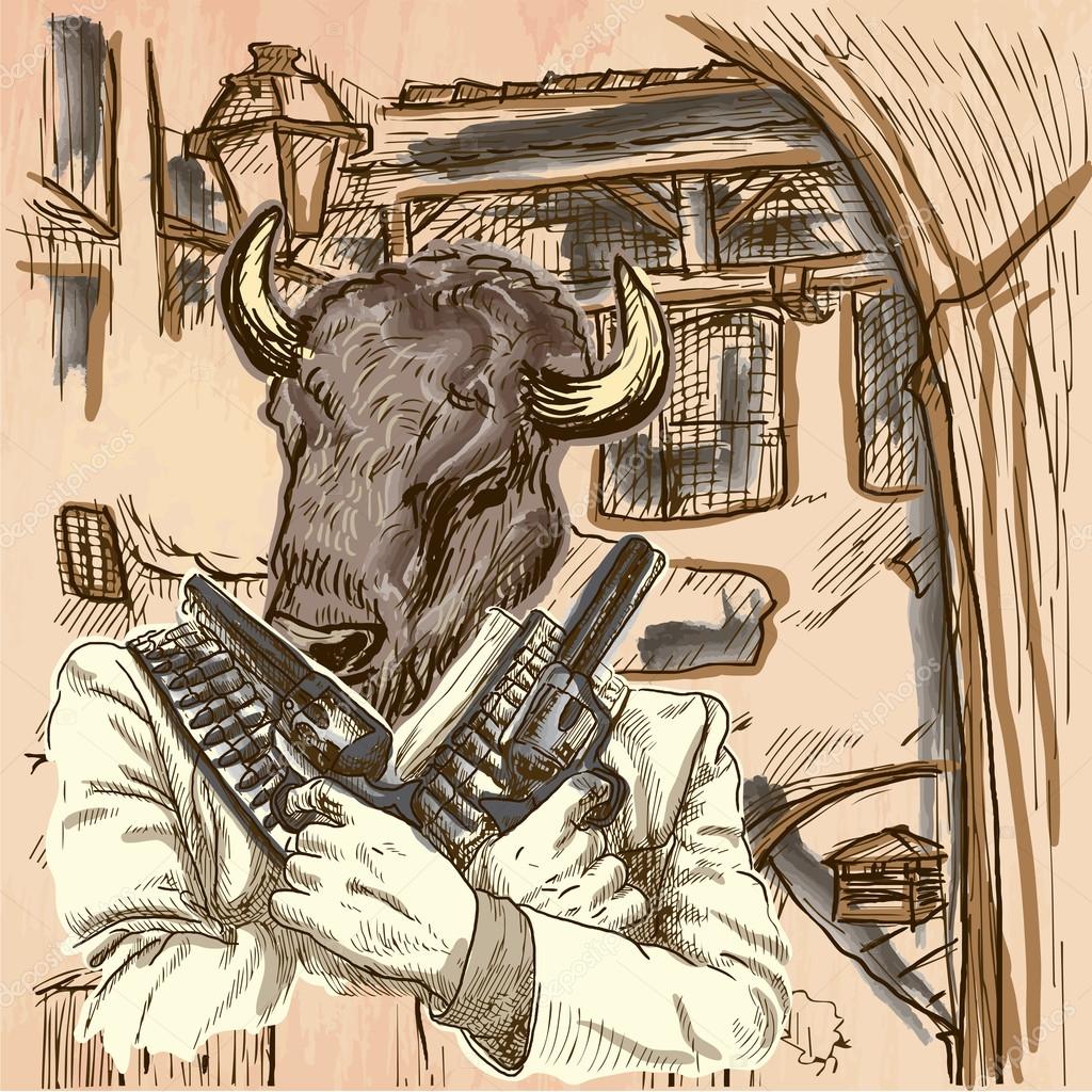Gunman. Bison - An hand drawn vector. Line art. Stock Vector Image by ...