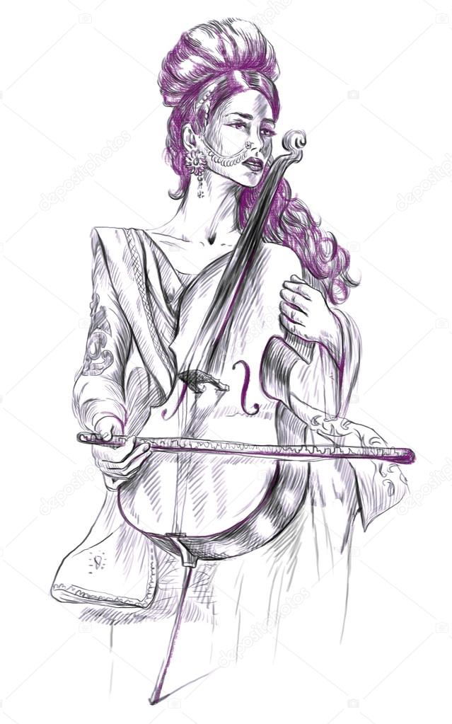 Cello player. Freehand sketch. Full sized, orignal. Stock Illustration ...