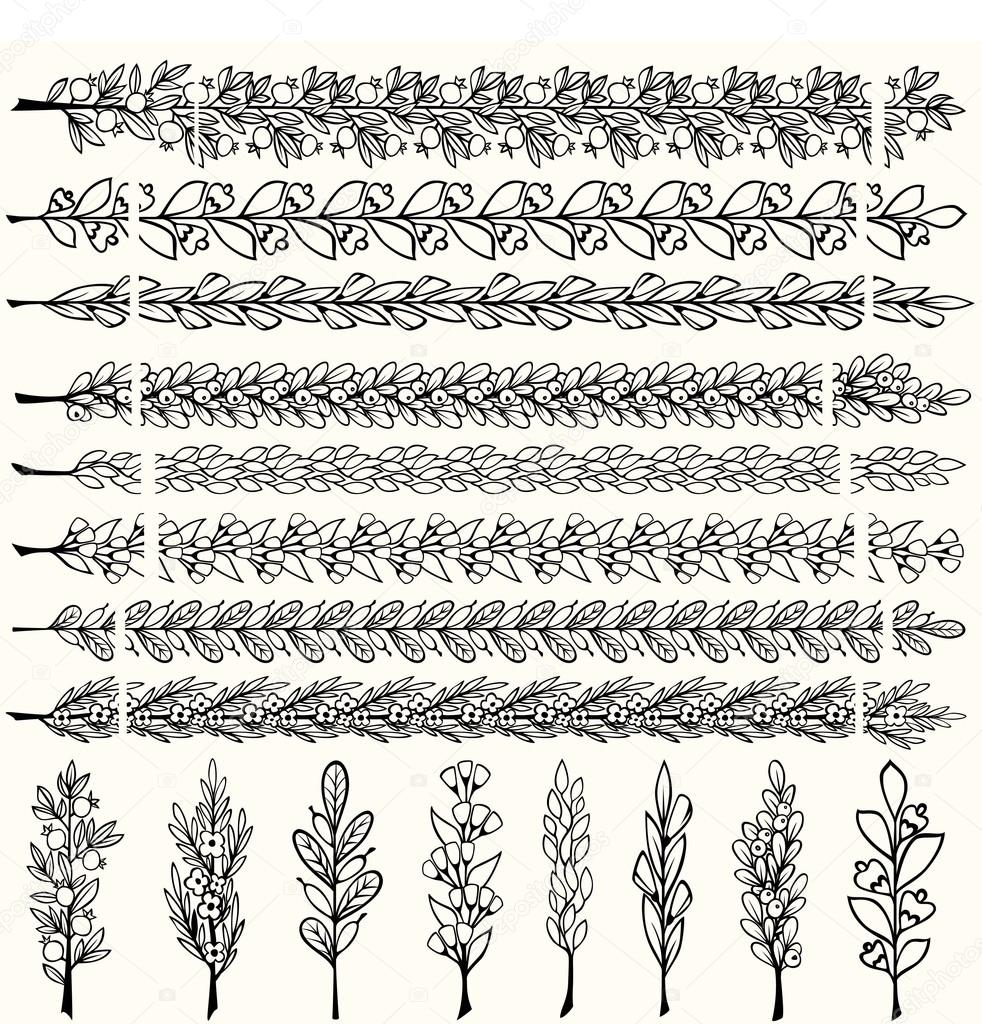Hand drawn floral pattern borders and floral design elements set ...