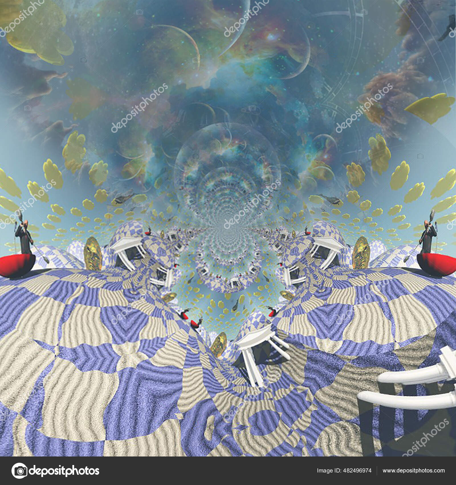 Surreal Chess Board Landscape Man Red Umbrella Abstract Fractal ...