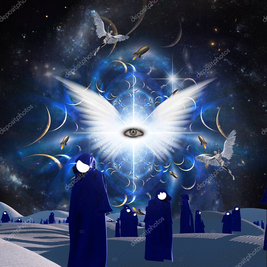 Monjes sin rostro en el mundo surrealista. Renderizado 3D 2024