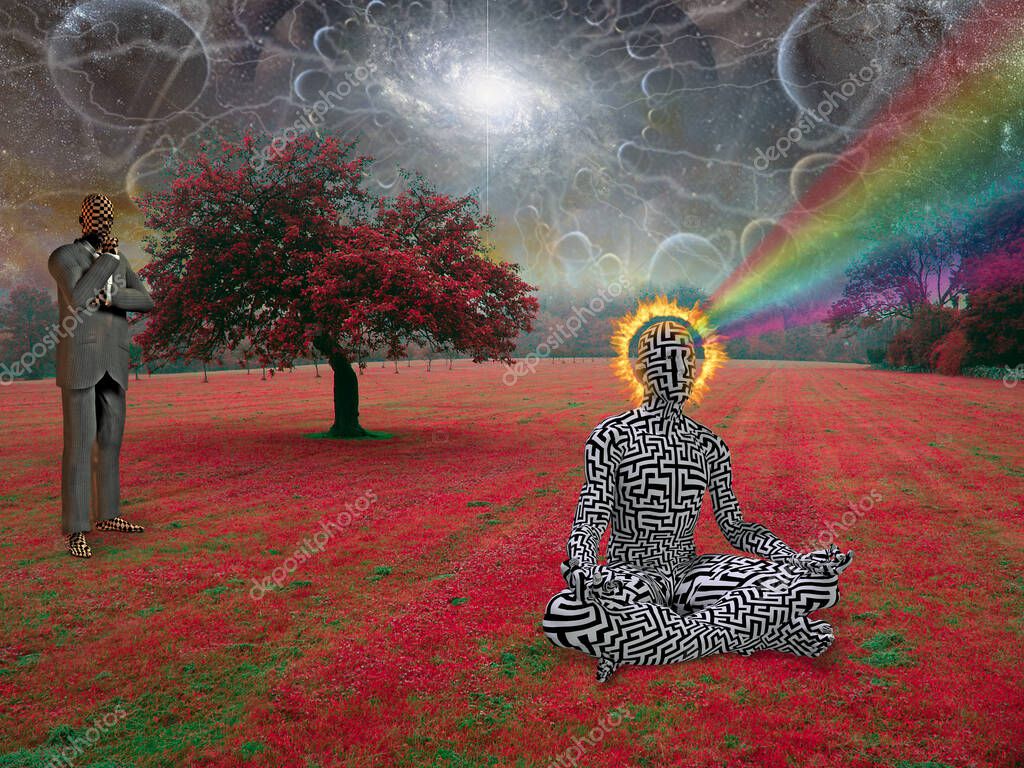Meditación. Hombre en pose de loto con halo ardiente. Renderizado 3D 2024