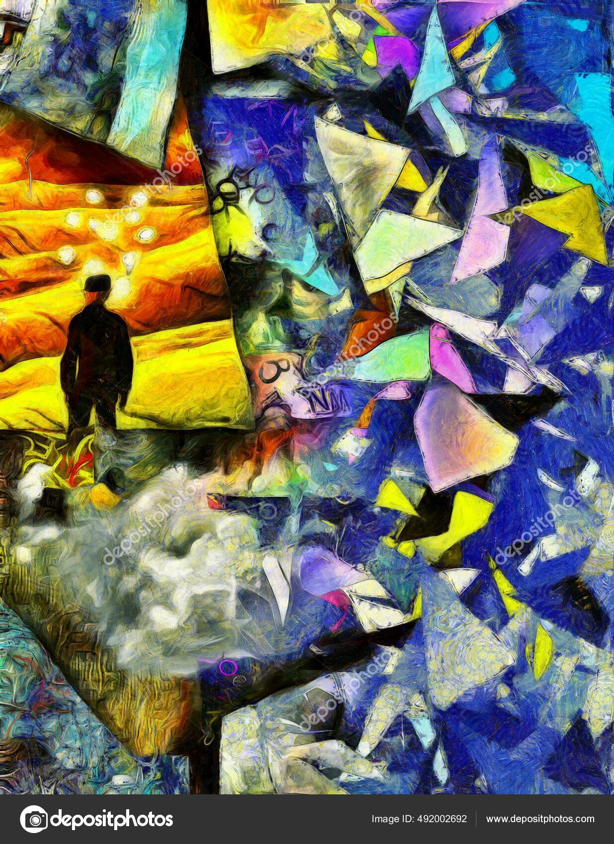 Complex Surreal Painting Man Suit Stands Field Light Bulbs His Stock ...