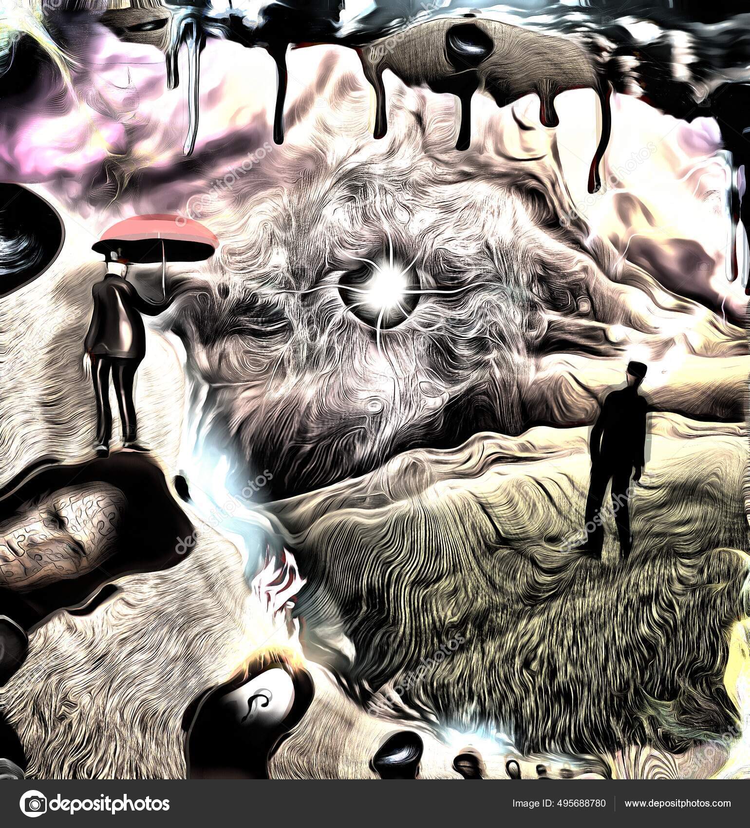 Complex Surreal Painting Businessman Thinking Field Man Red Umbrella ...