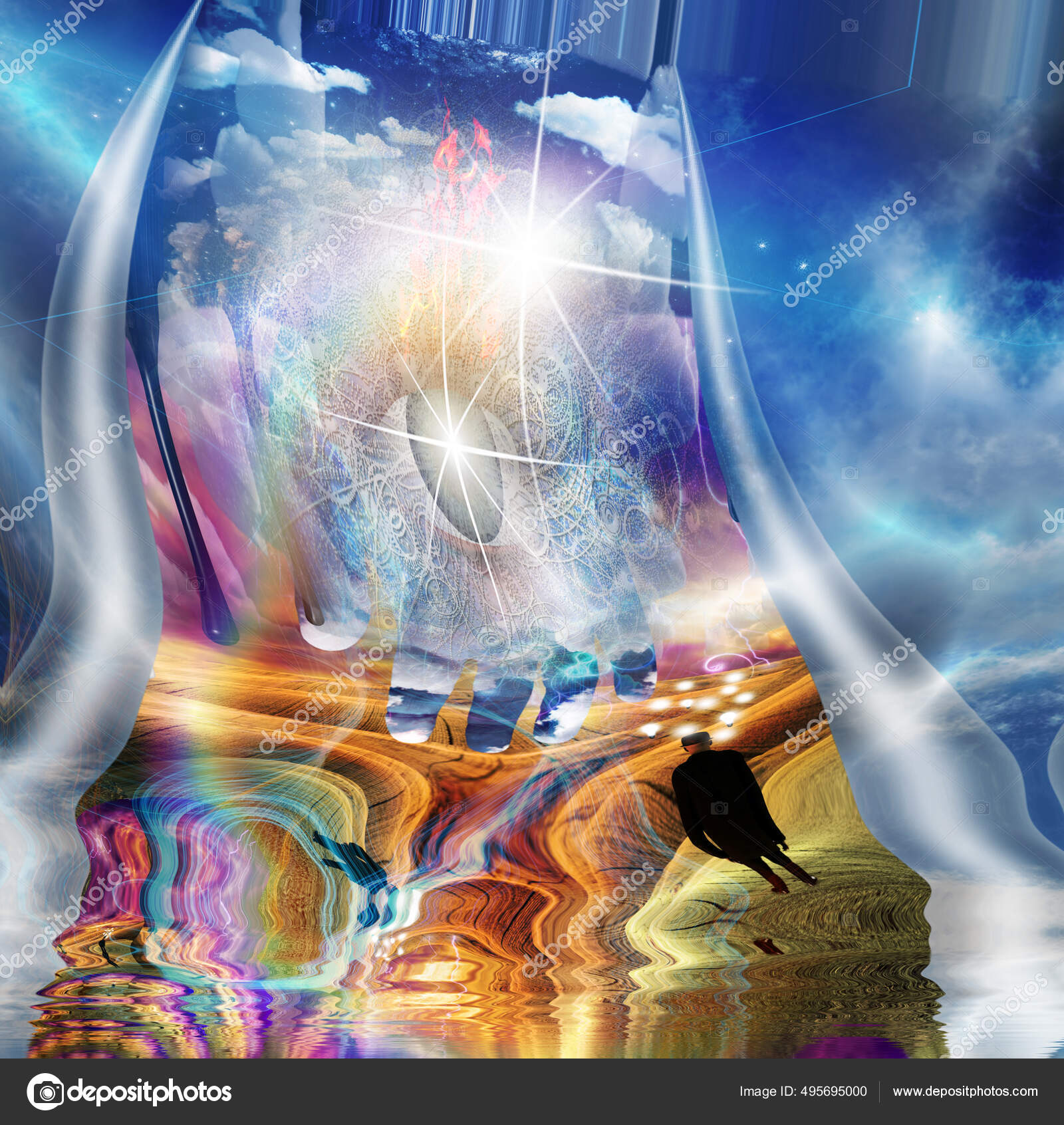 Fantasy Surreal Scene Llight Bulbs Symbolizes Ideas Eye God Sky — Stock ...