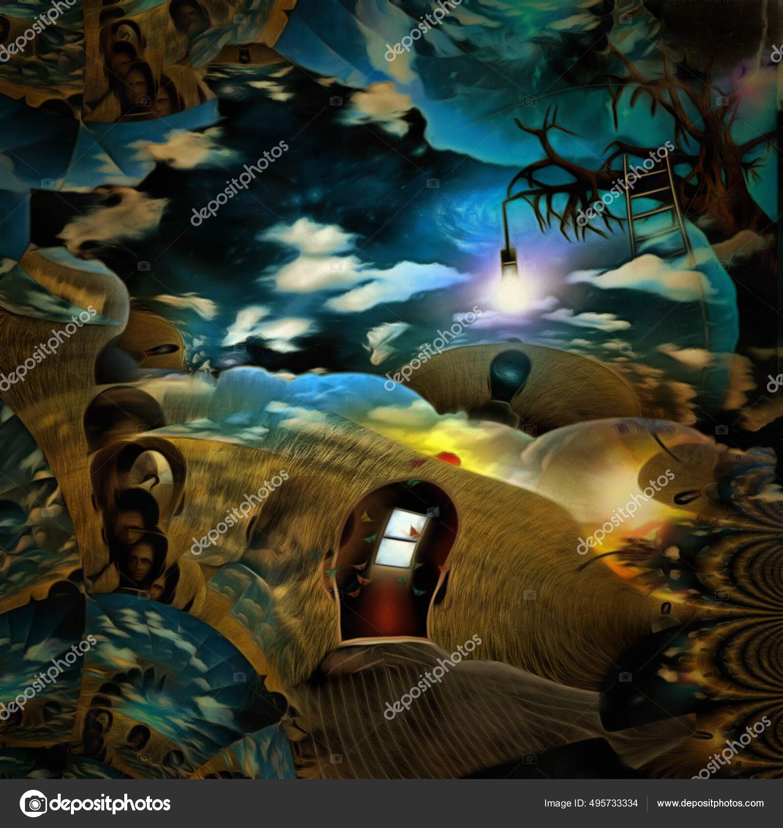 Complex Surreal Painting Man Window His Head Old Tree Light — Stock ...